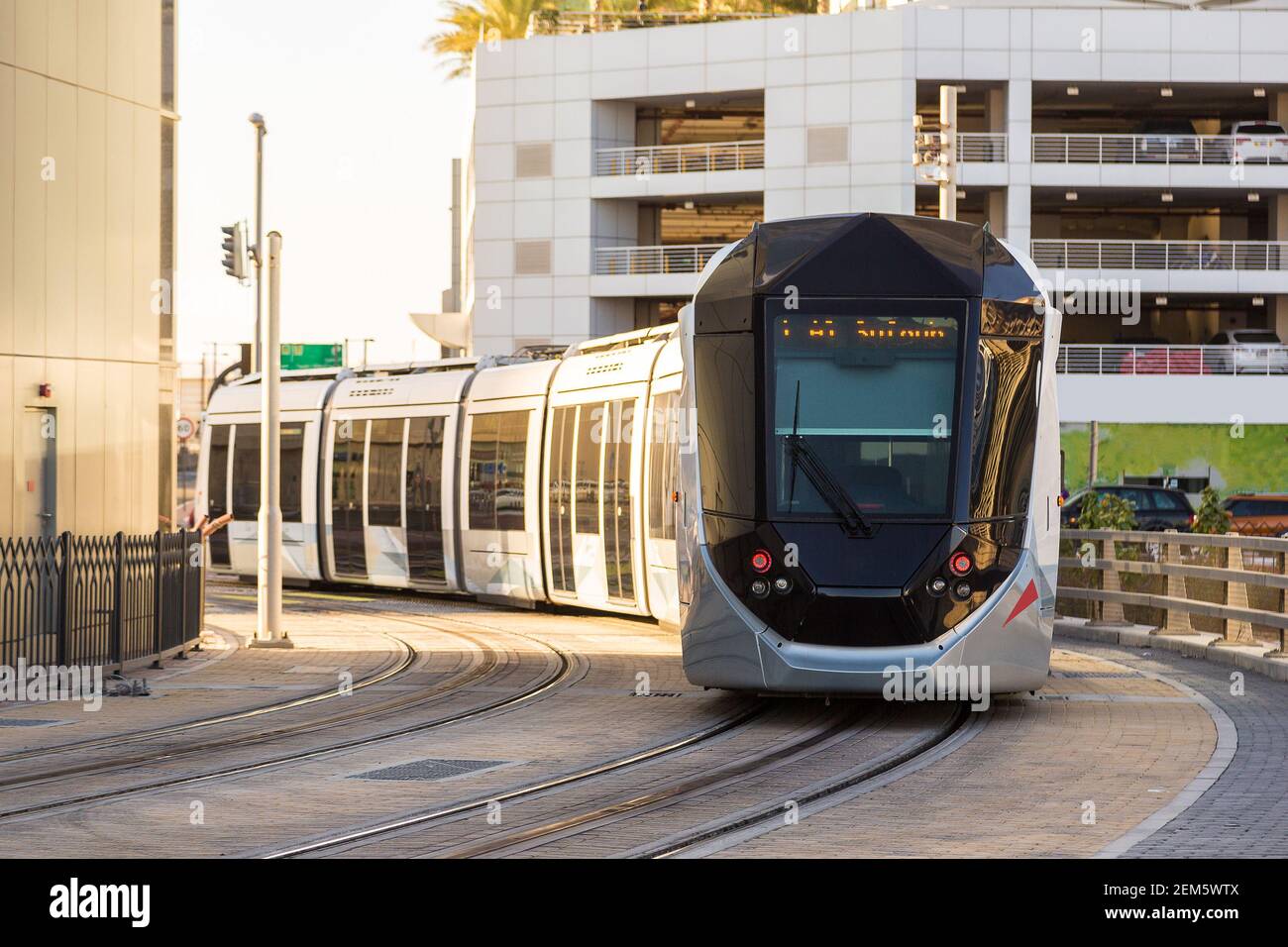 New modern tram in Dubai, UAE. in Dubai, United Arab Emirates Stock ...