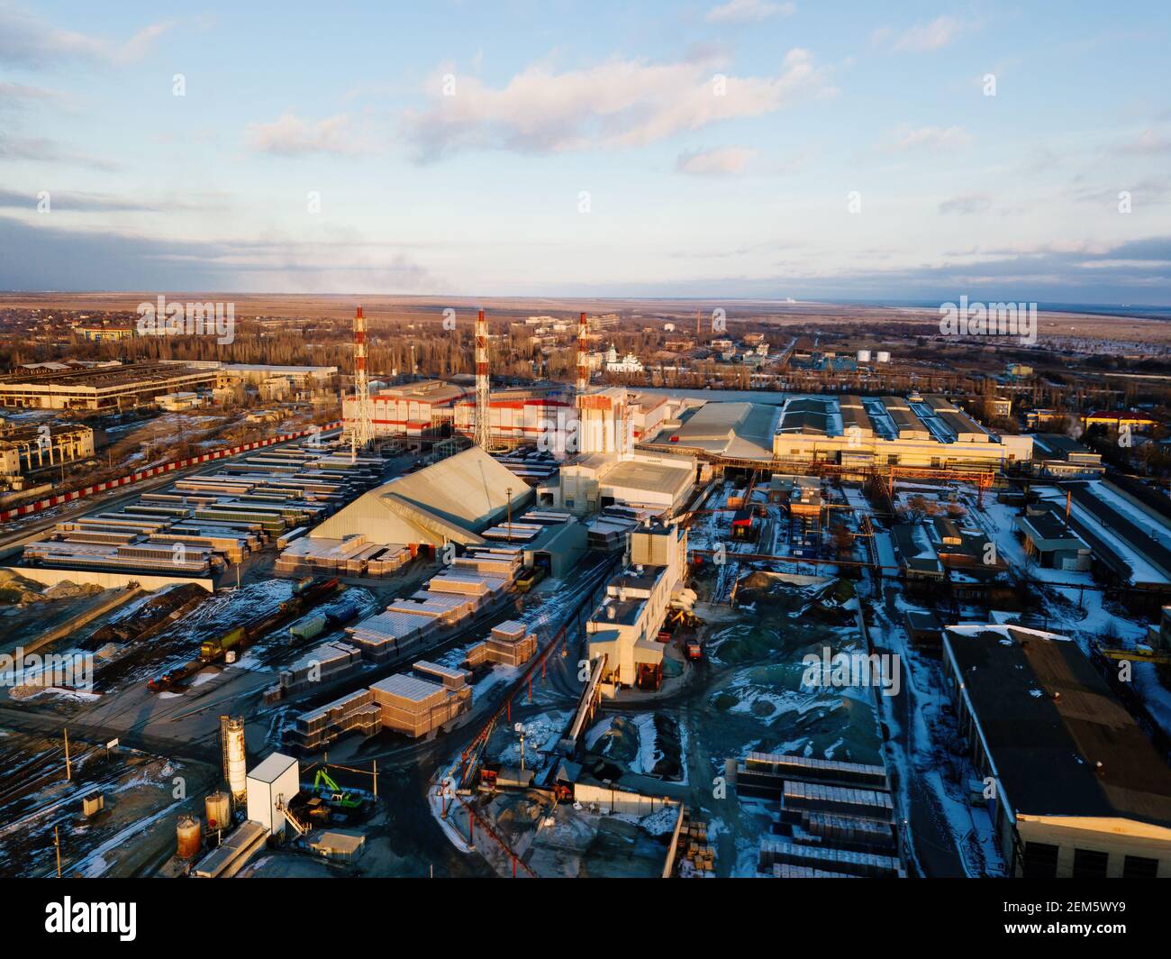Industrial landscape aerial view. Warehouses and workshops Stock Photo ...