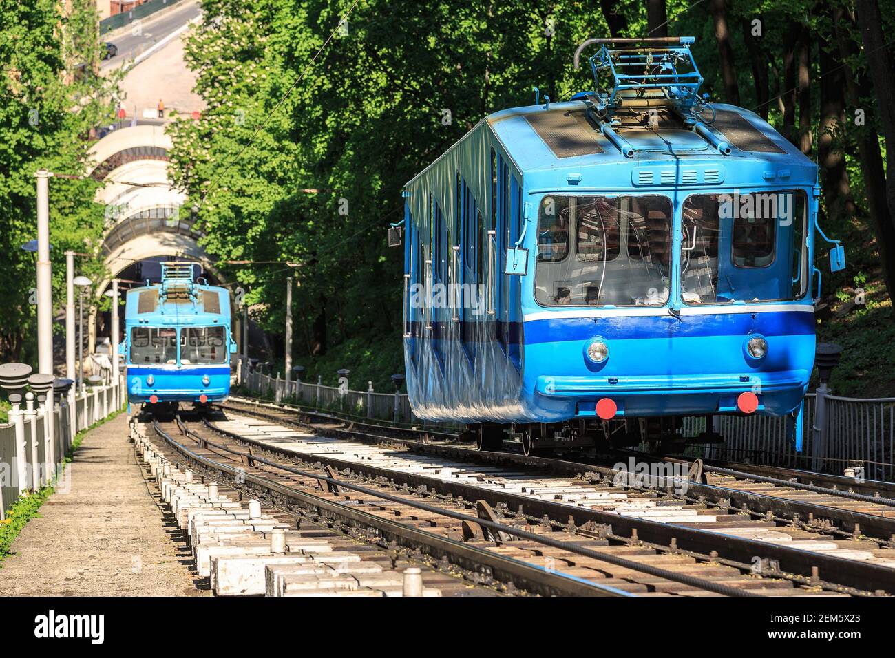 Cable railway in Kyiv, Ukraine, that climbs up the steep right bank of ...