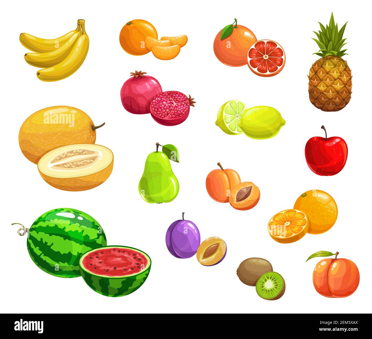 Cartoon fruits vector pineapple, peach and banana, pomegranate and pear ...
