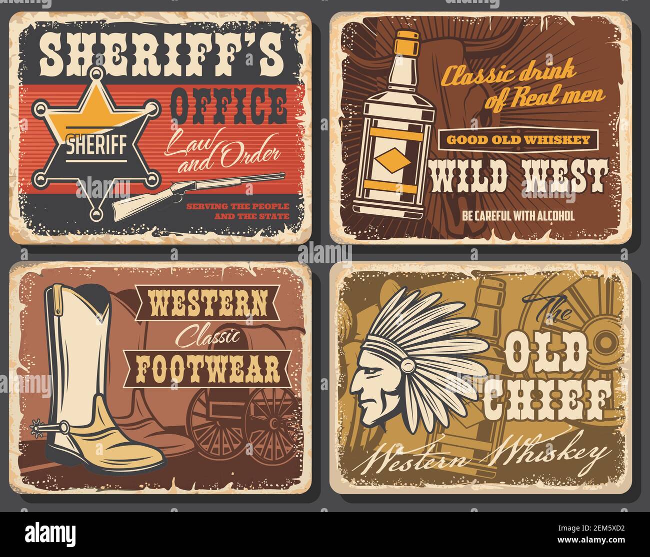 Wild west retro posters set, vector grunge cards with sheriff star ...