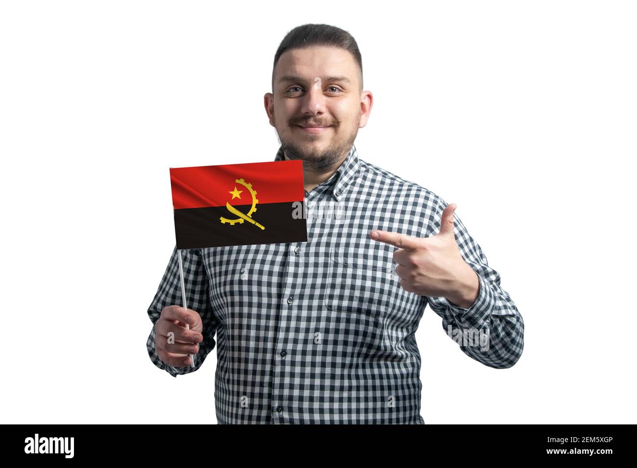 White guy holding a flag of Angola and points the finger of the other ...