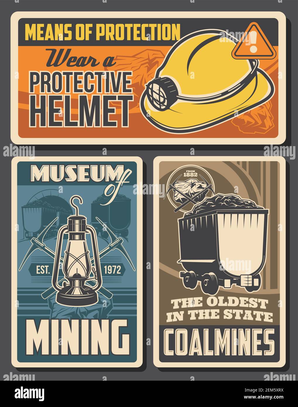 Coal mining retro posters. Miners equipment helmet with kerosine lamp ...