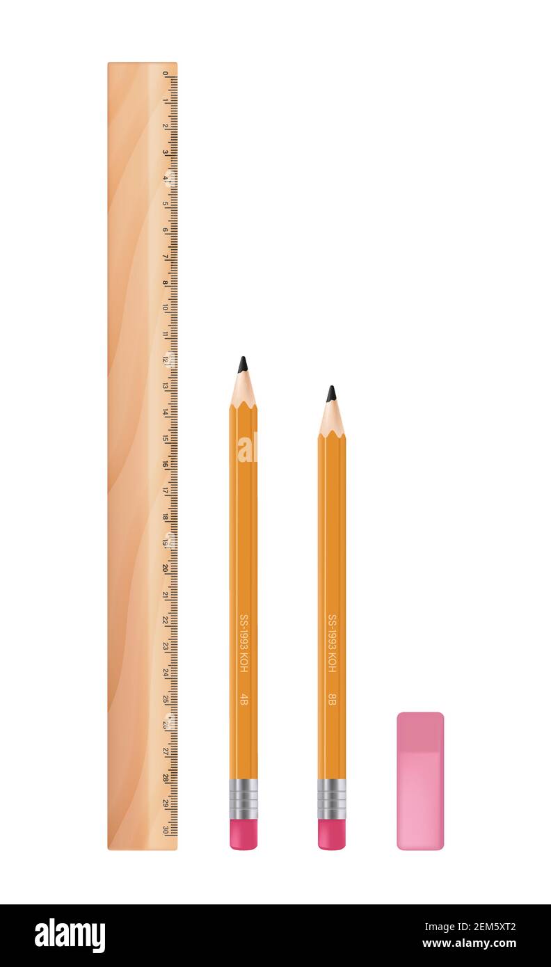 Vector illustration ruler, eraser, pencil isolated on white background ...