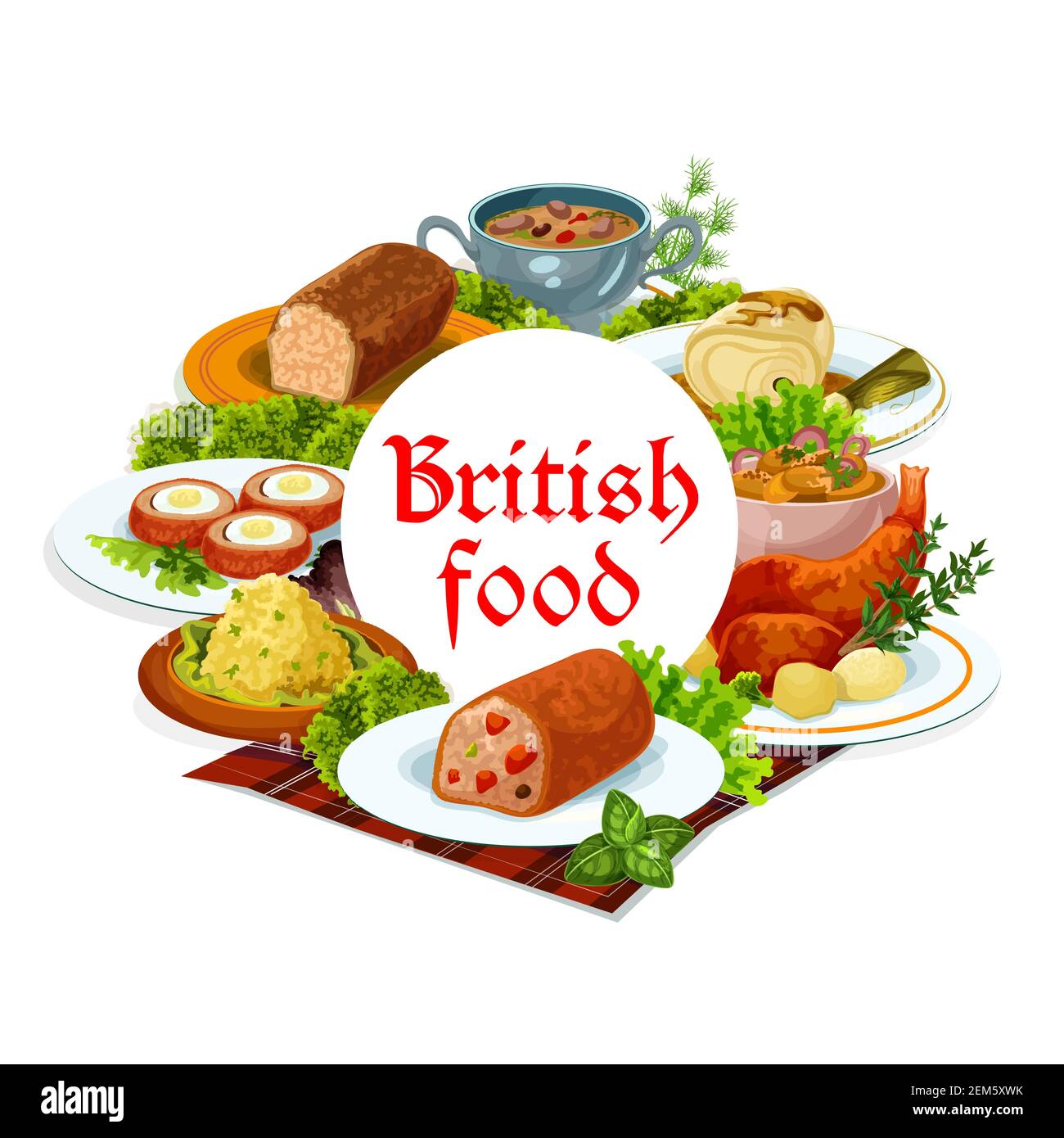 Britain cuisine vector meals cod with sauce, scotch smoked trout plate ...