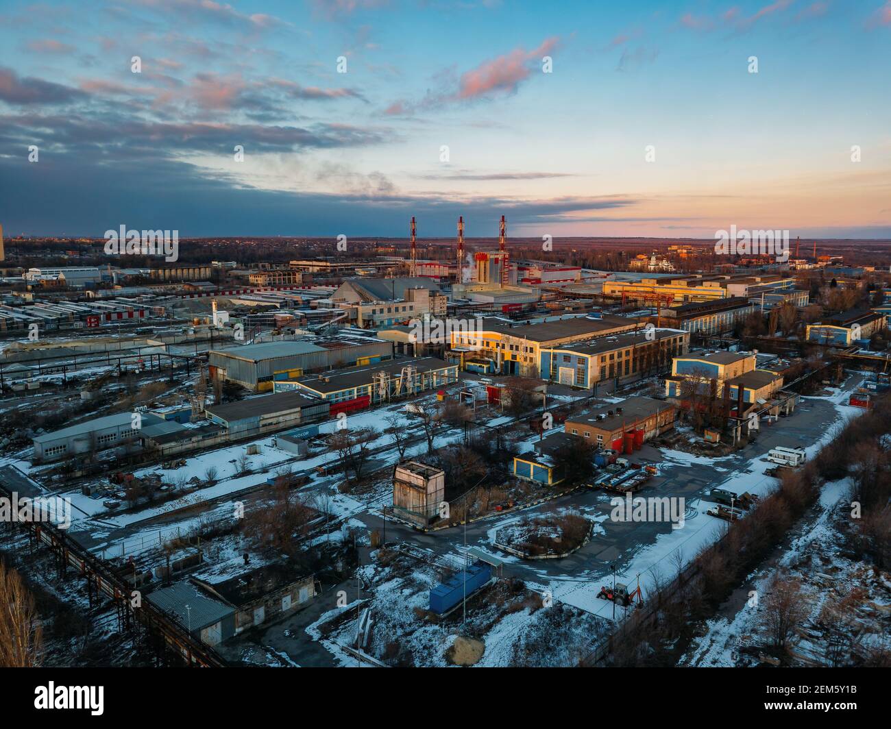 Industrial landscape aerial view. Warehouses and workshops Stock Photo ...