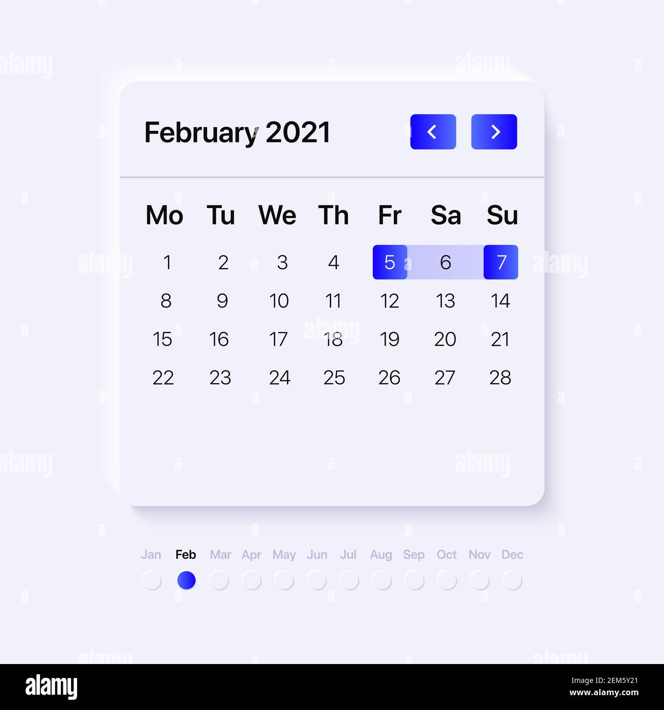 February 2021 Calendar template. User interface concept for mobile and ...