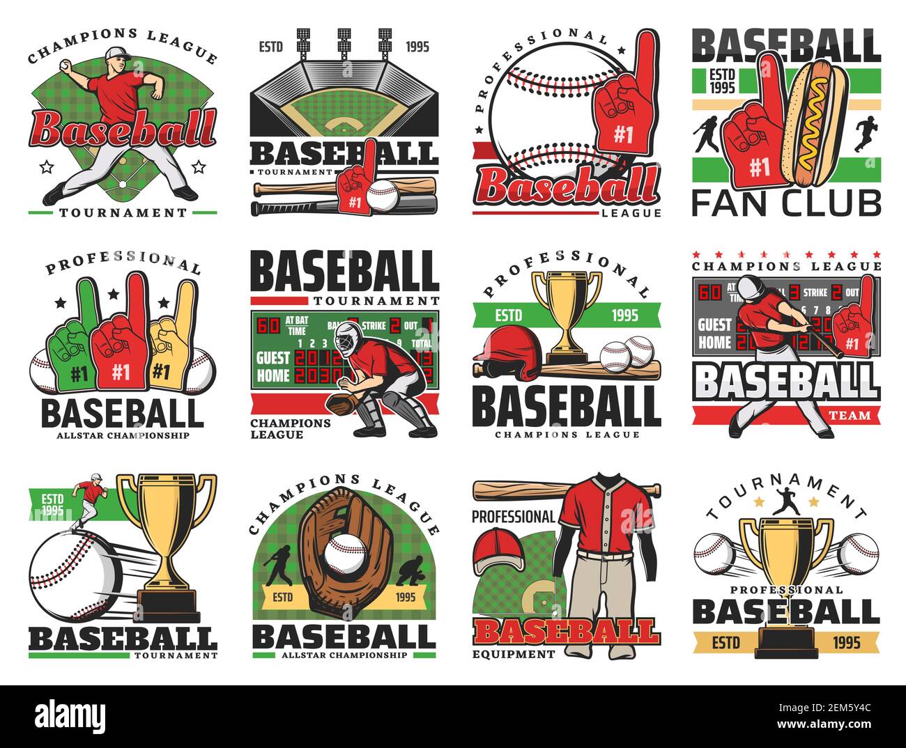 Baseball sport game vector icons with balls, bats and winner trophy cup ...