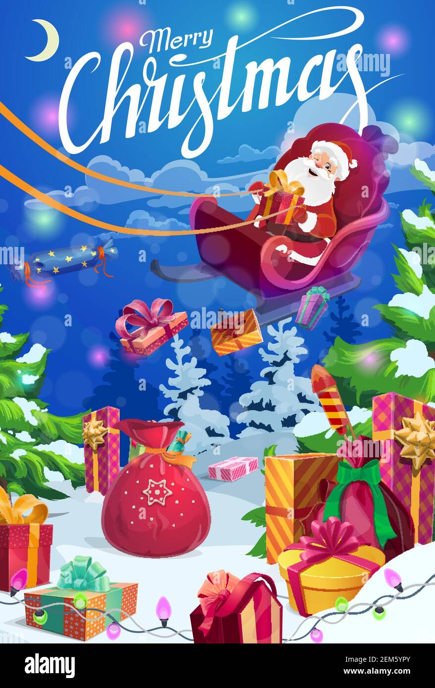 Santa flying on Christmas sleigh with reindeer and Xmas gifts vector ...