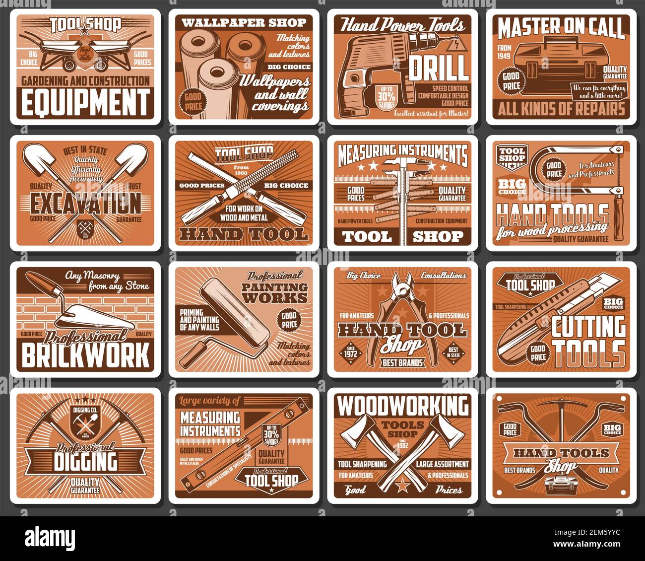 Construction and DIY tools retro vector posters. Hardware, carpentry ...
