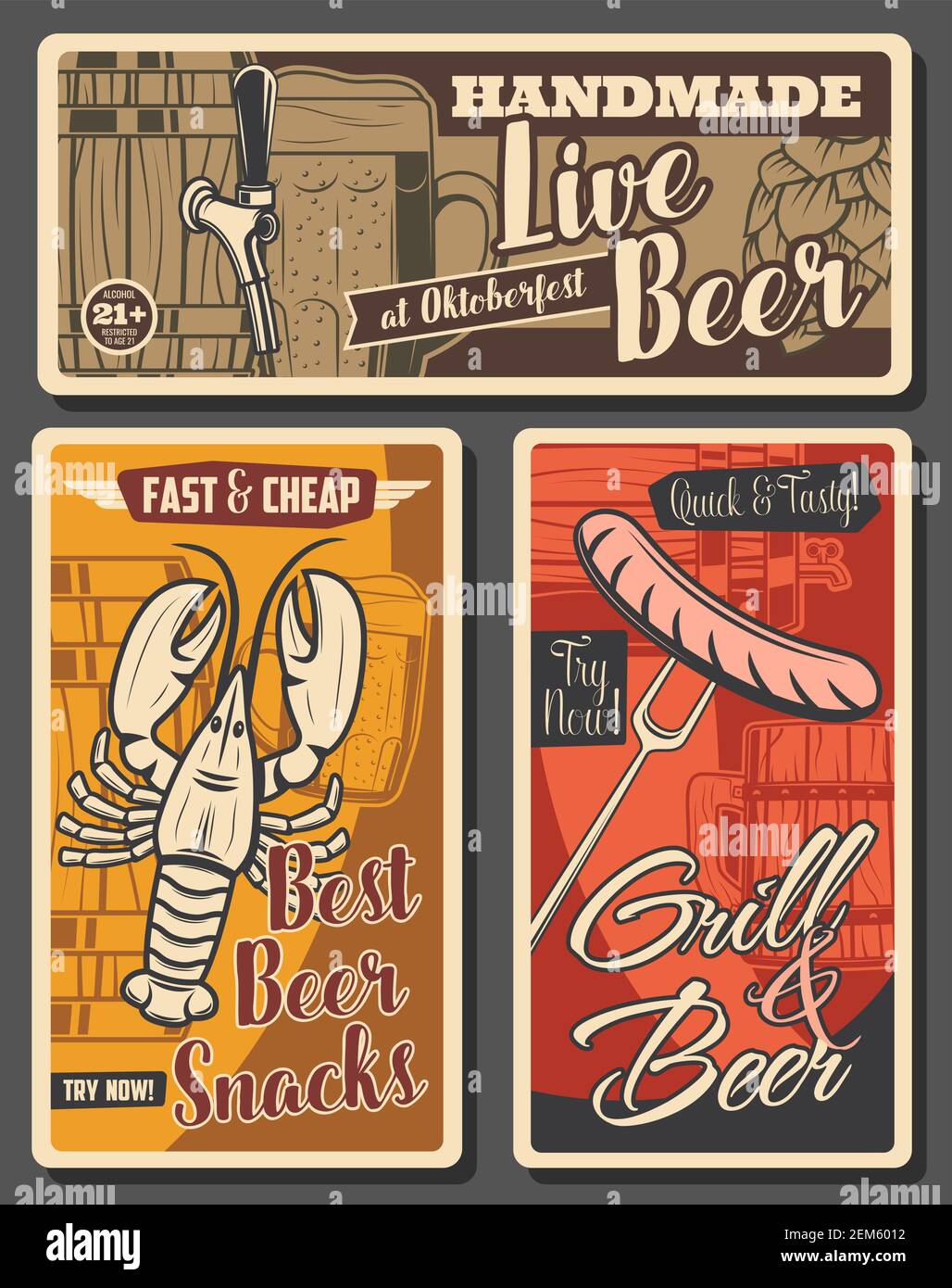 Beer brewing and snacks, brewery retro vector posters. Wooden barrel ...