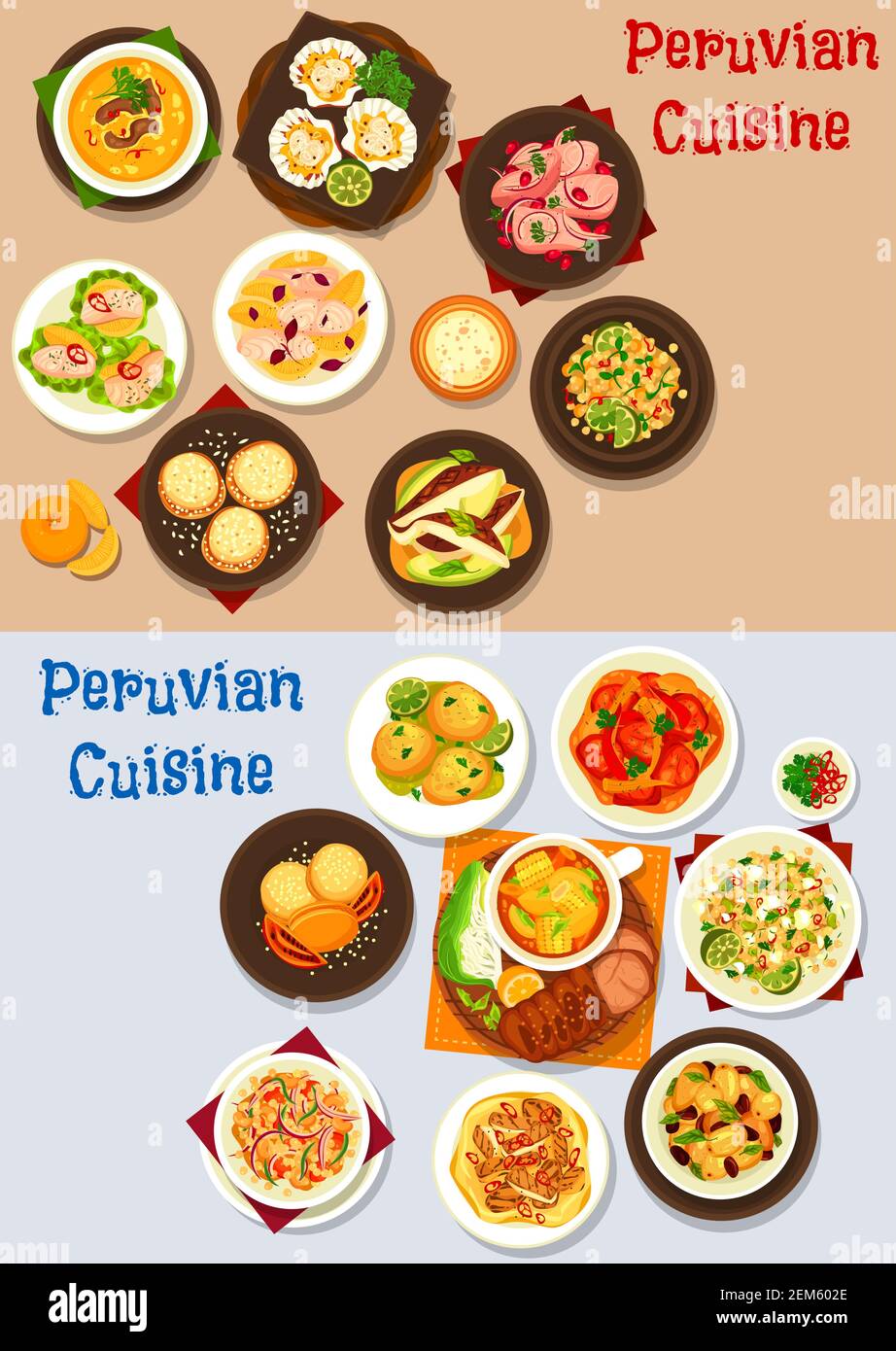 Peruvian food of seafood and fish ceviche with vegetable, meat and ...