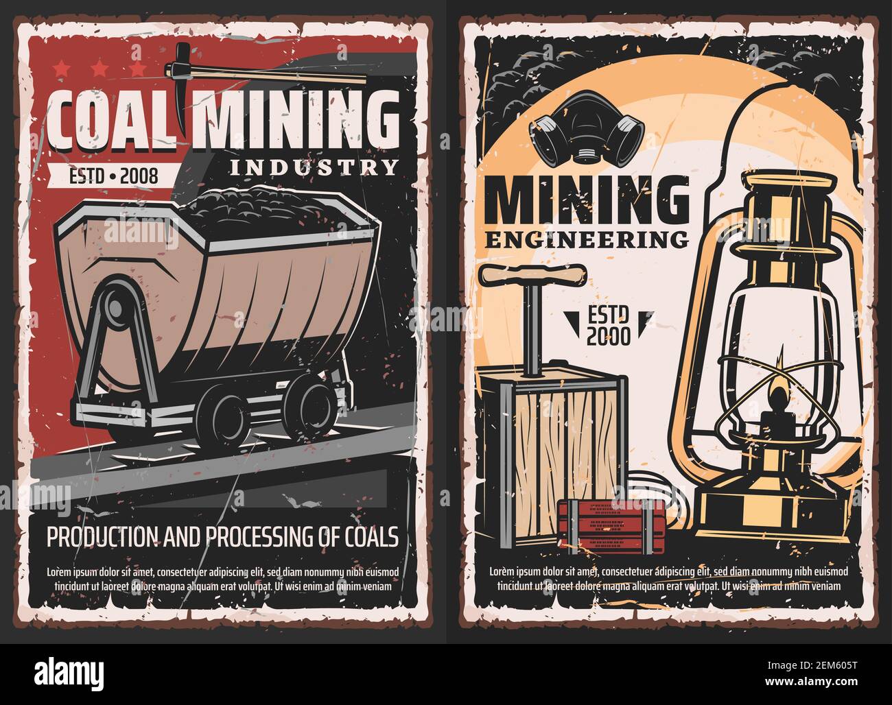 Coal mining industry grunge design with vector mine equipment and miner ...