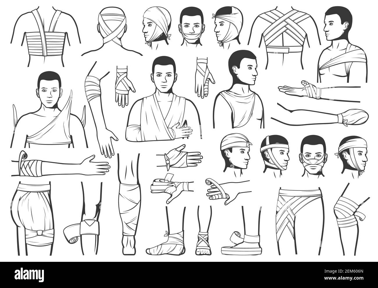 Trauma bandaging, wound first aid, vector characters. Accident injury ...