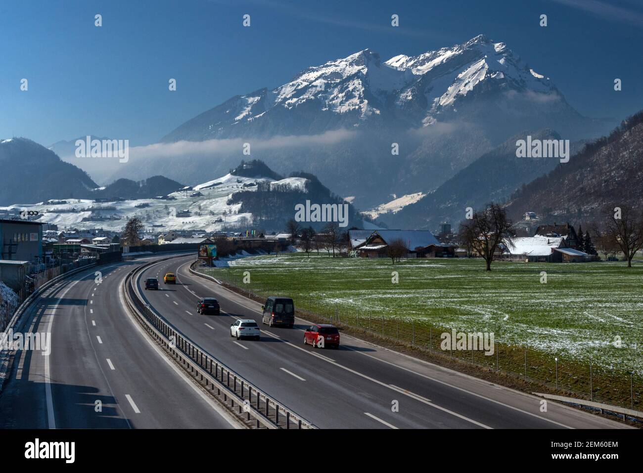 A view of Mt Pilatus and the Swiss alps from Buochs near Stans, in ...