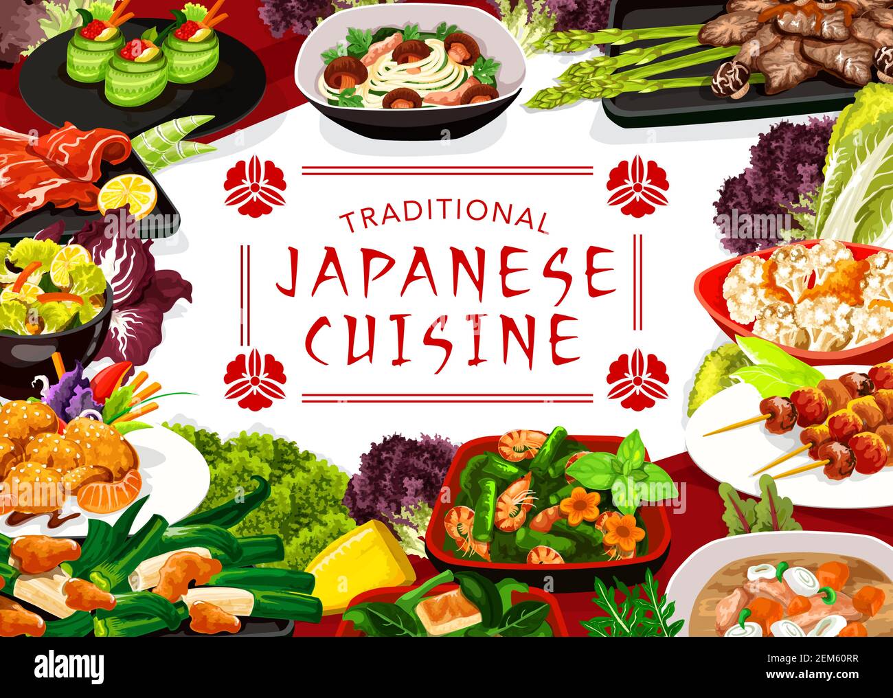 Japanese cuisine menu vector cover. Fresh seafood, meat and vegetable ...