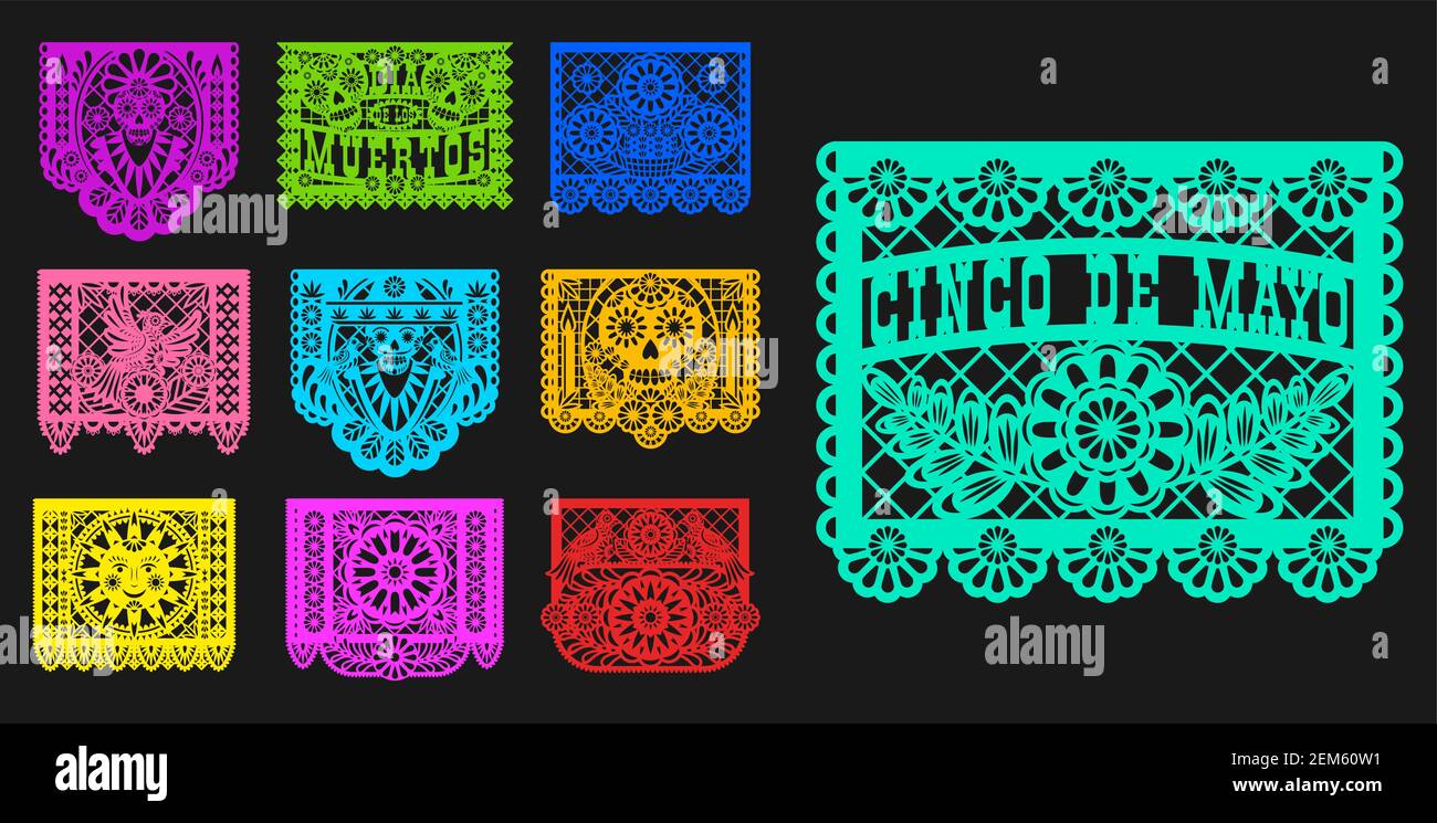 Mexican Day of Dead, papel picado isolated paper cutting flags ...