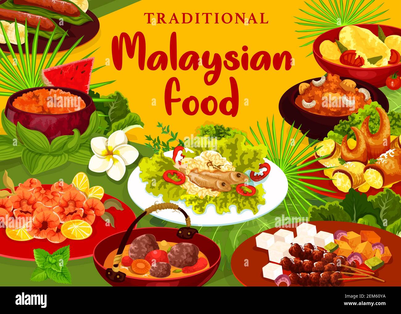 Malaysian cuisine menu vector cover. Beef rib soup and fried shrimps ...