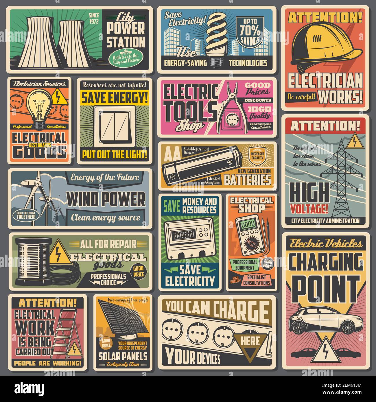 Electric power or energy vector electrical equipment retro banners ...