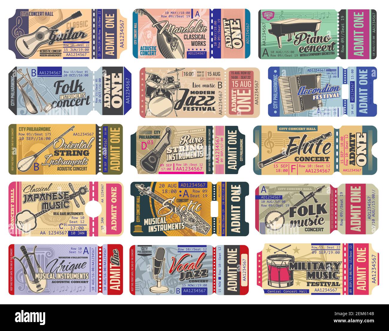 Music concert ticket with vector musical instruments, microphones and ...