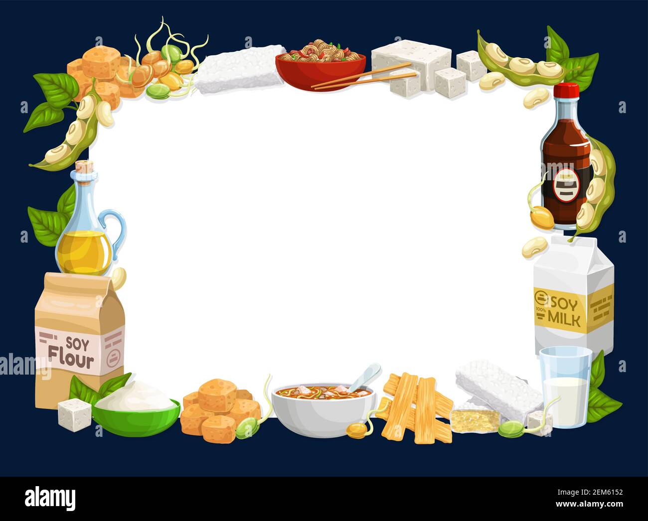 Soybean food vector frame with copy space. Soy beans, tofu and tempeh ...