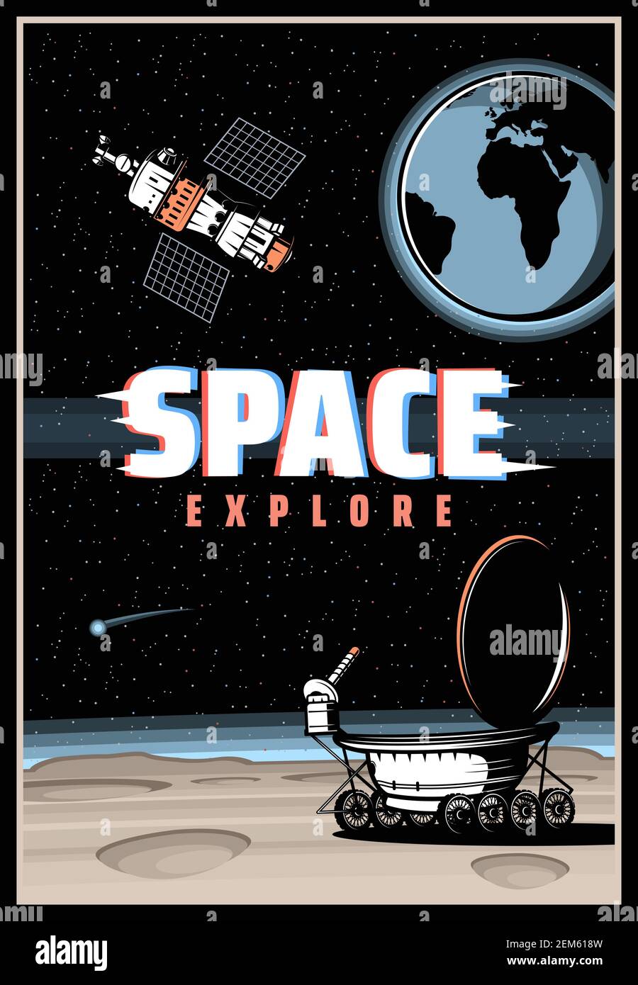 Outer space and planet explore, vector poster with glitch effect ...