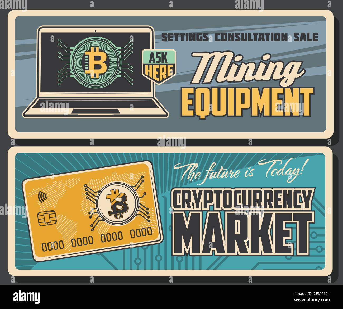 Bitcoin cryptocurrency, mining technology vector banners. Online market ...