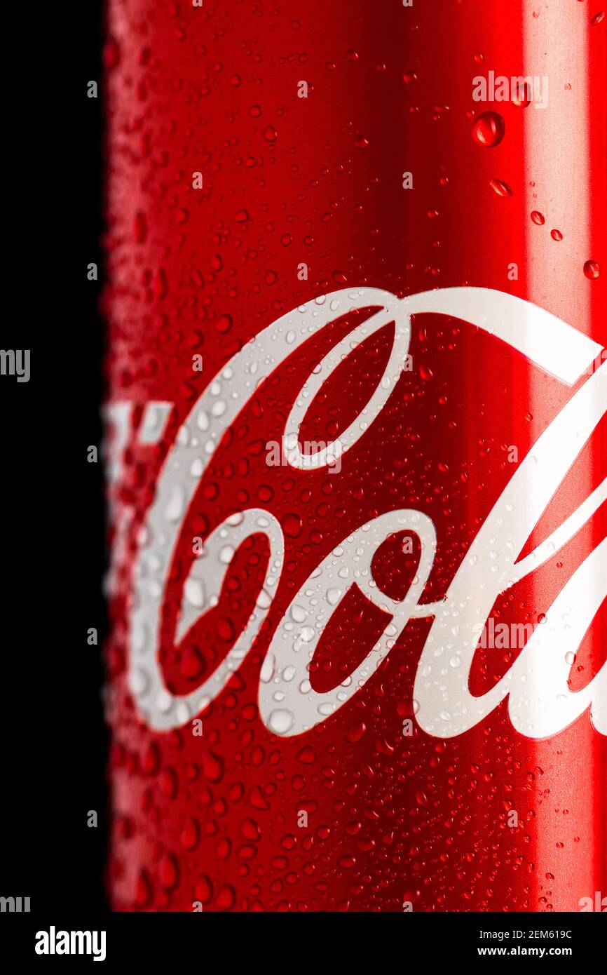 Water droplets on classic Coca-Cola can on black background. Studio ...
