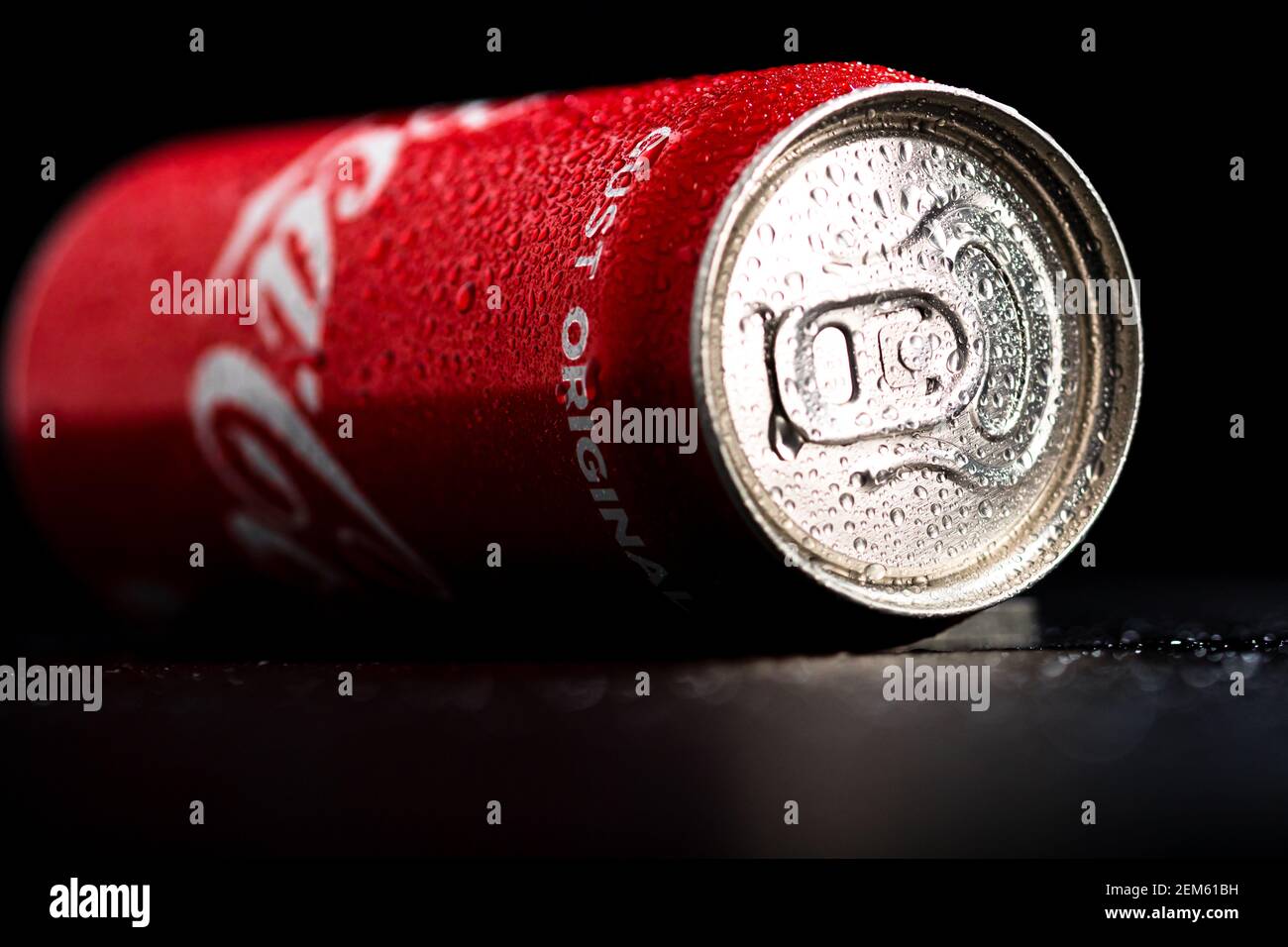 Water droplets on classic Coca-Cola can on black background. Studio ...