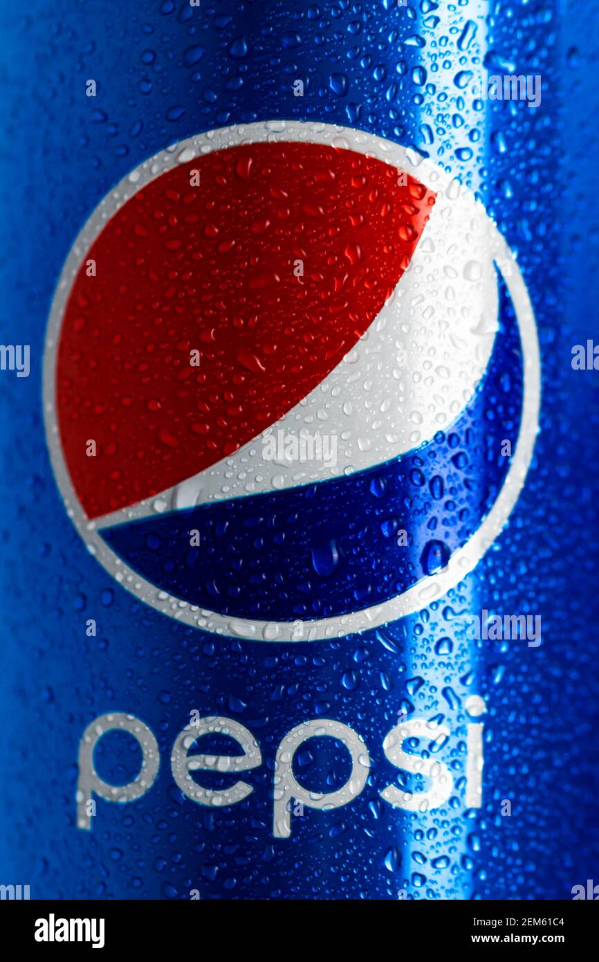 Detail of classic Pepsi can on black background. Studio shot in ...