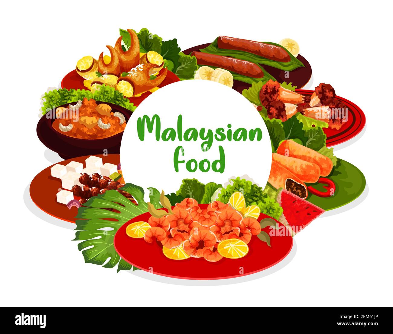 Malaysian cuisine food menu vector round banner. Fried shrimps, pies ...