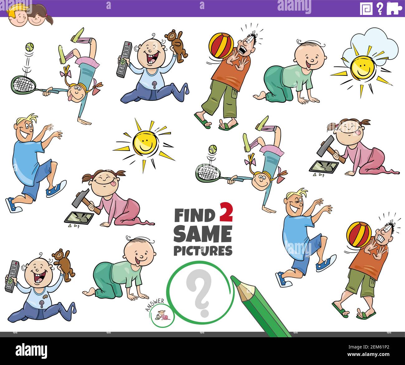 Cartoon illustration of finding two same pictures educational game with ...