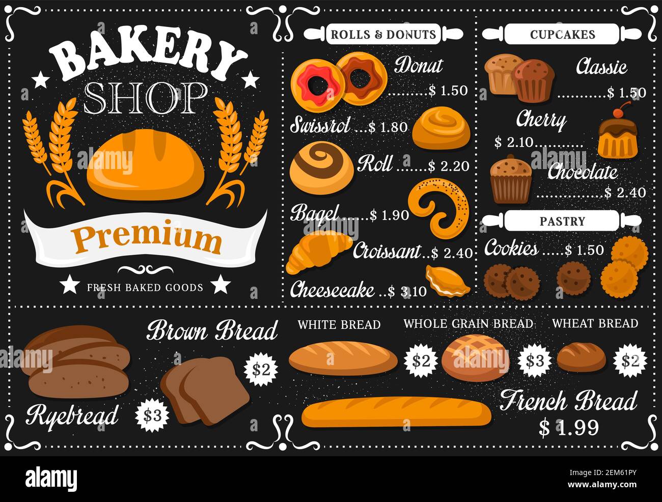 Baker shop and patisserie vector menu template. Bread and pastry ...
