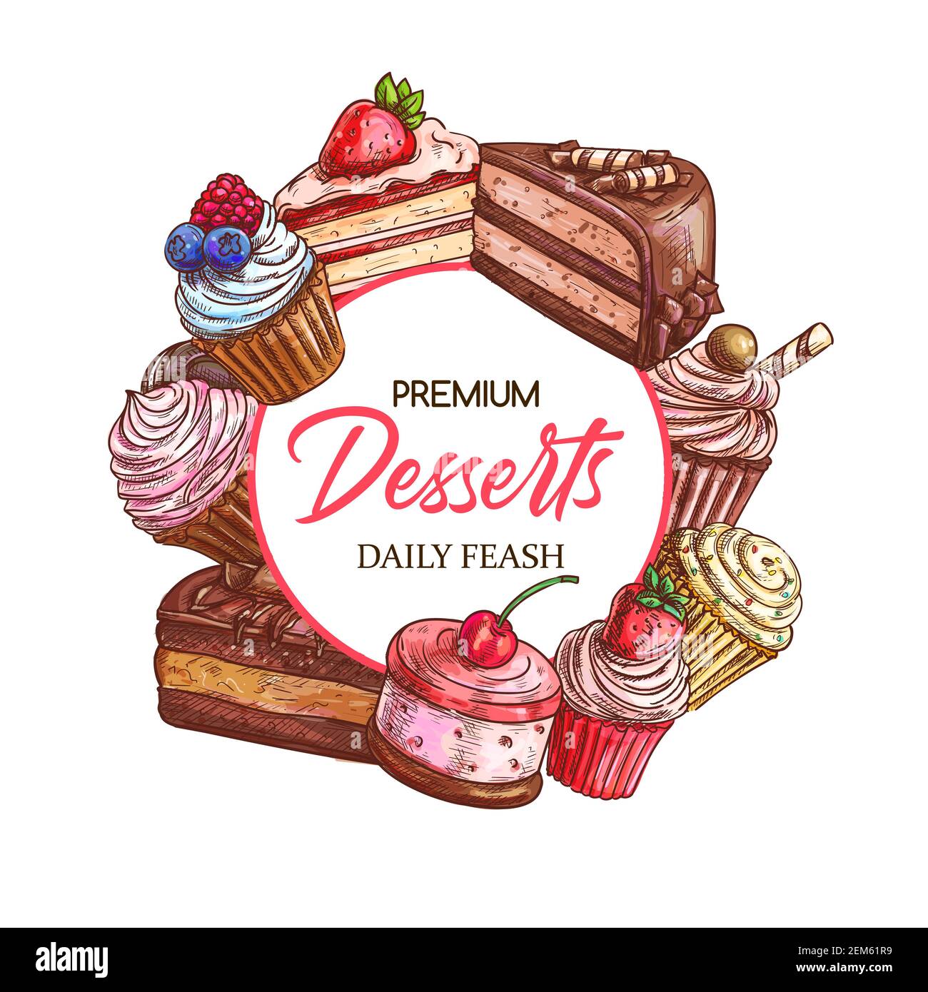 Pastry shop desserts, sweets and patisserie bakery cakes, vector sketch ...