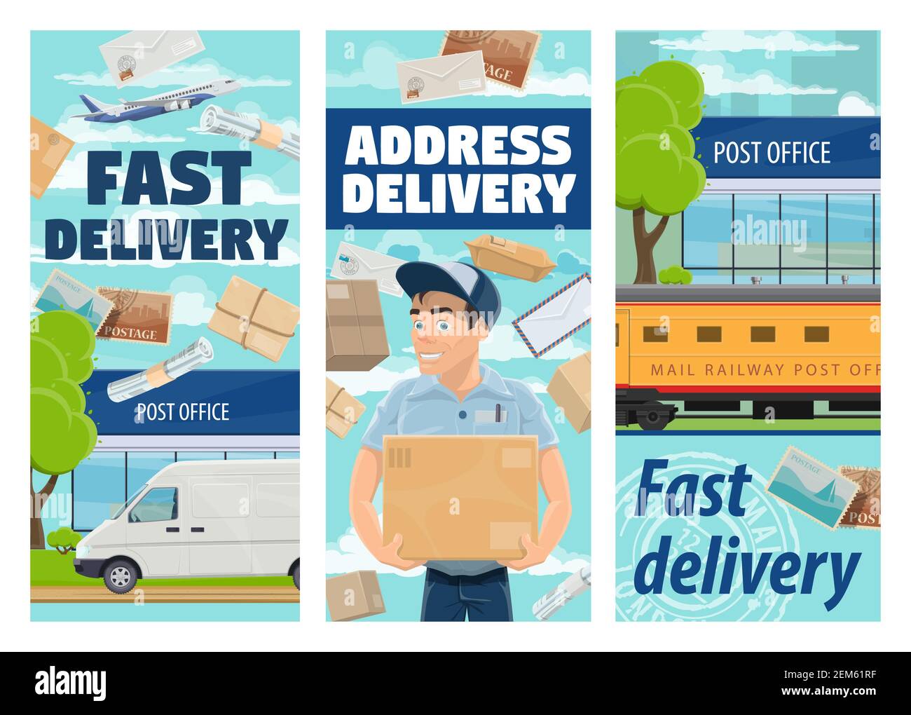 Freight and parcels mail delivery vector design. Cartoon courier or ...