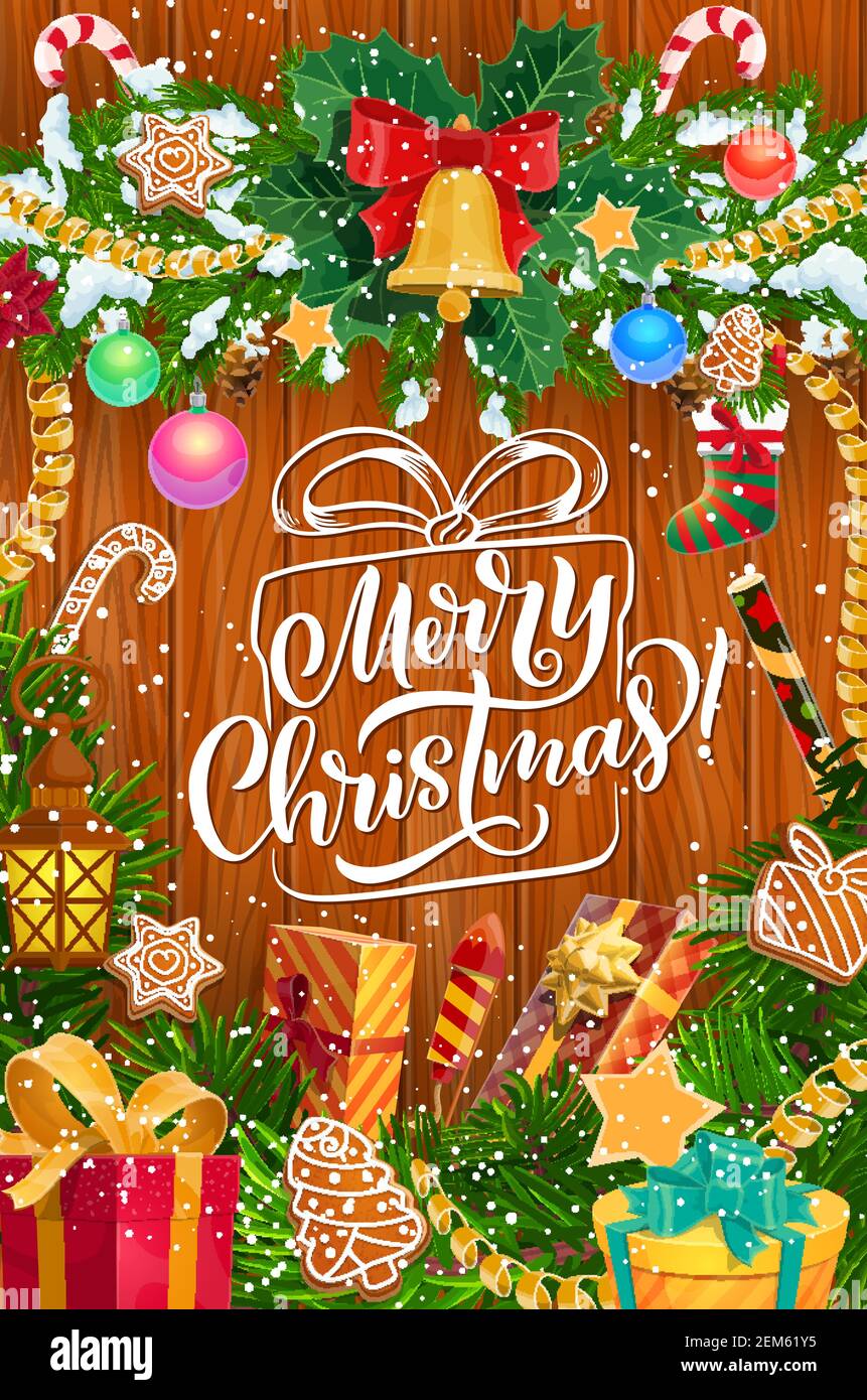 Christmas tree festive garland with Xmas gifts on wooden background ...