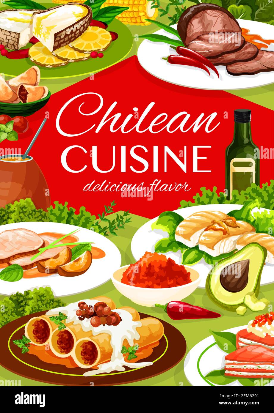 Chilean cuisine. Chilean mate tea drink, sea bass fish with chili ...