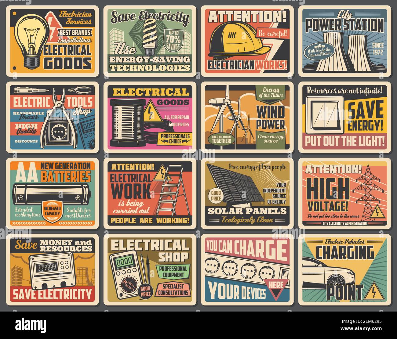 Electricity, energy and power industry vintage vector plates. Power ...