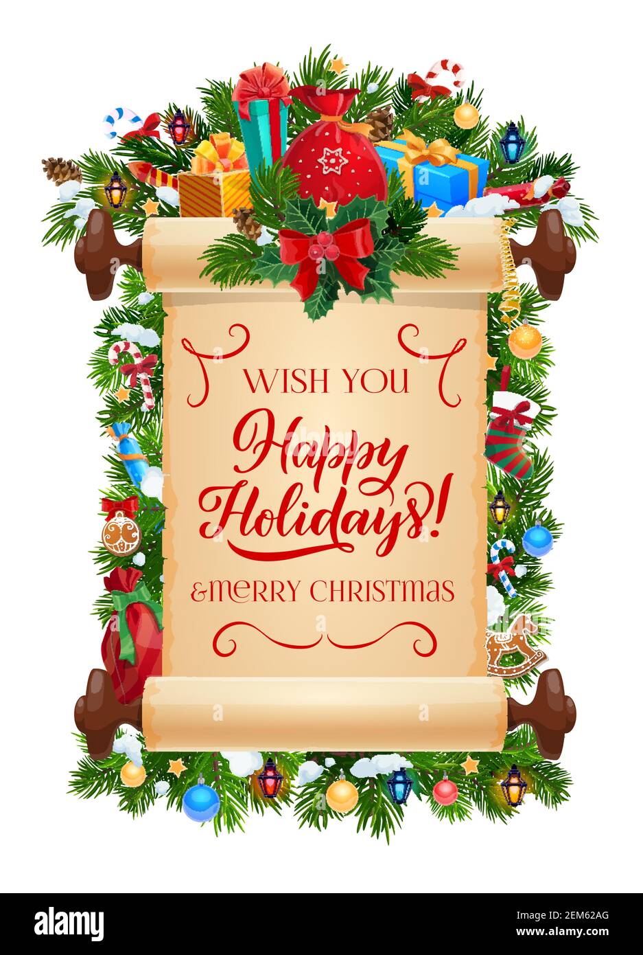 Christmas tree and gifts garland with paper scroll and wishes of happy ...