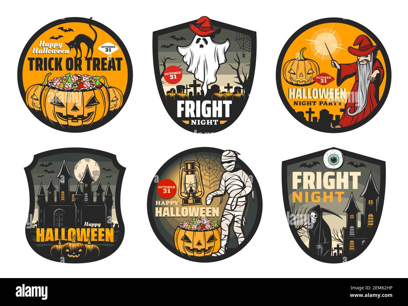 Halloween horror night badges with vector pumpkins, ghost and bats ...