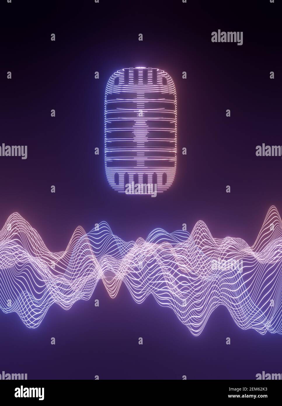 retro microphone shape with luminous lines and sound wave . 3d render ...