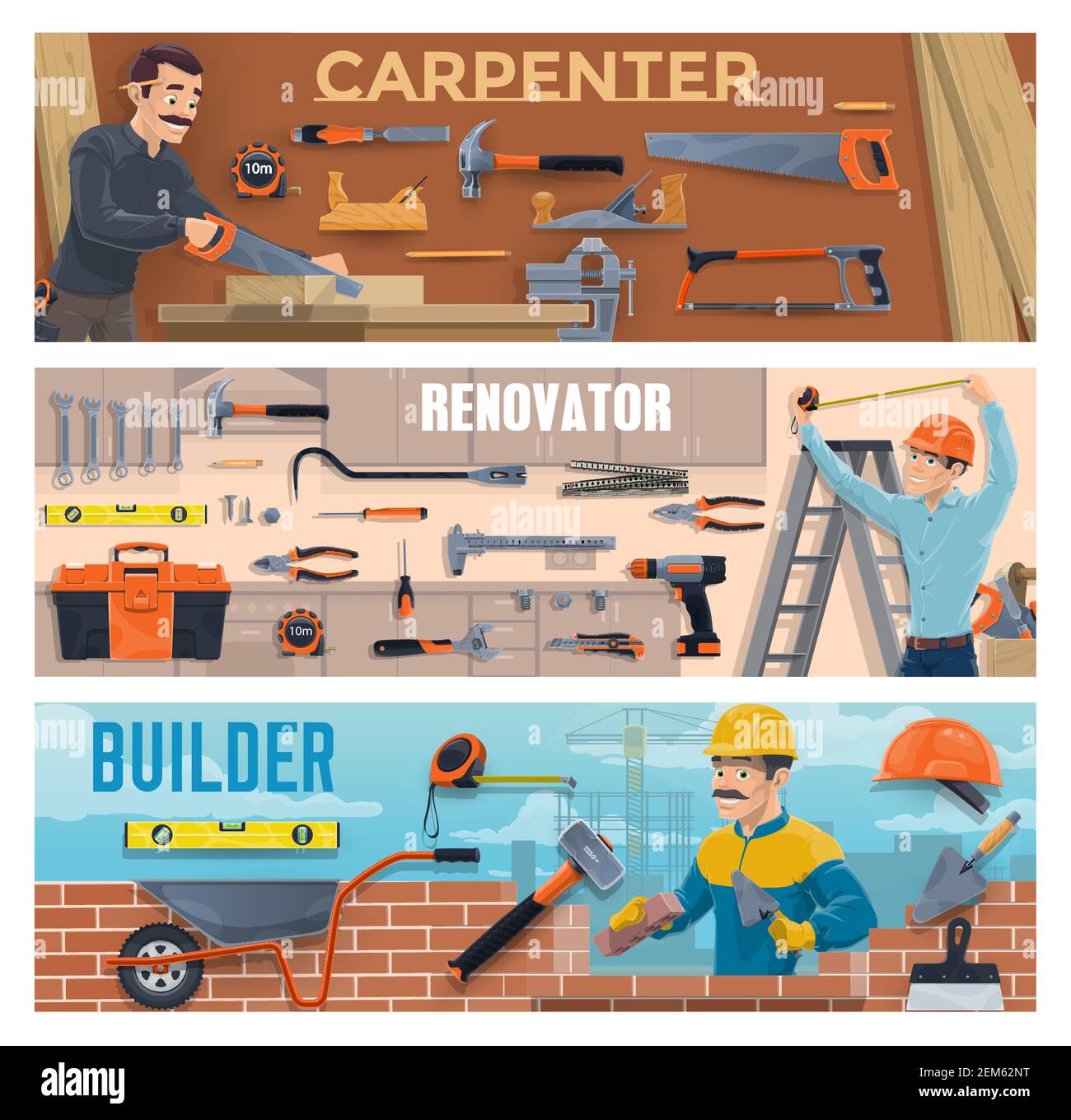 Construction industry worker vector banners with carpenter, builder ...