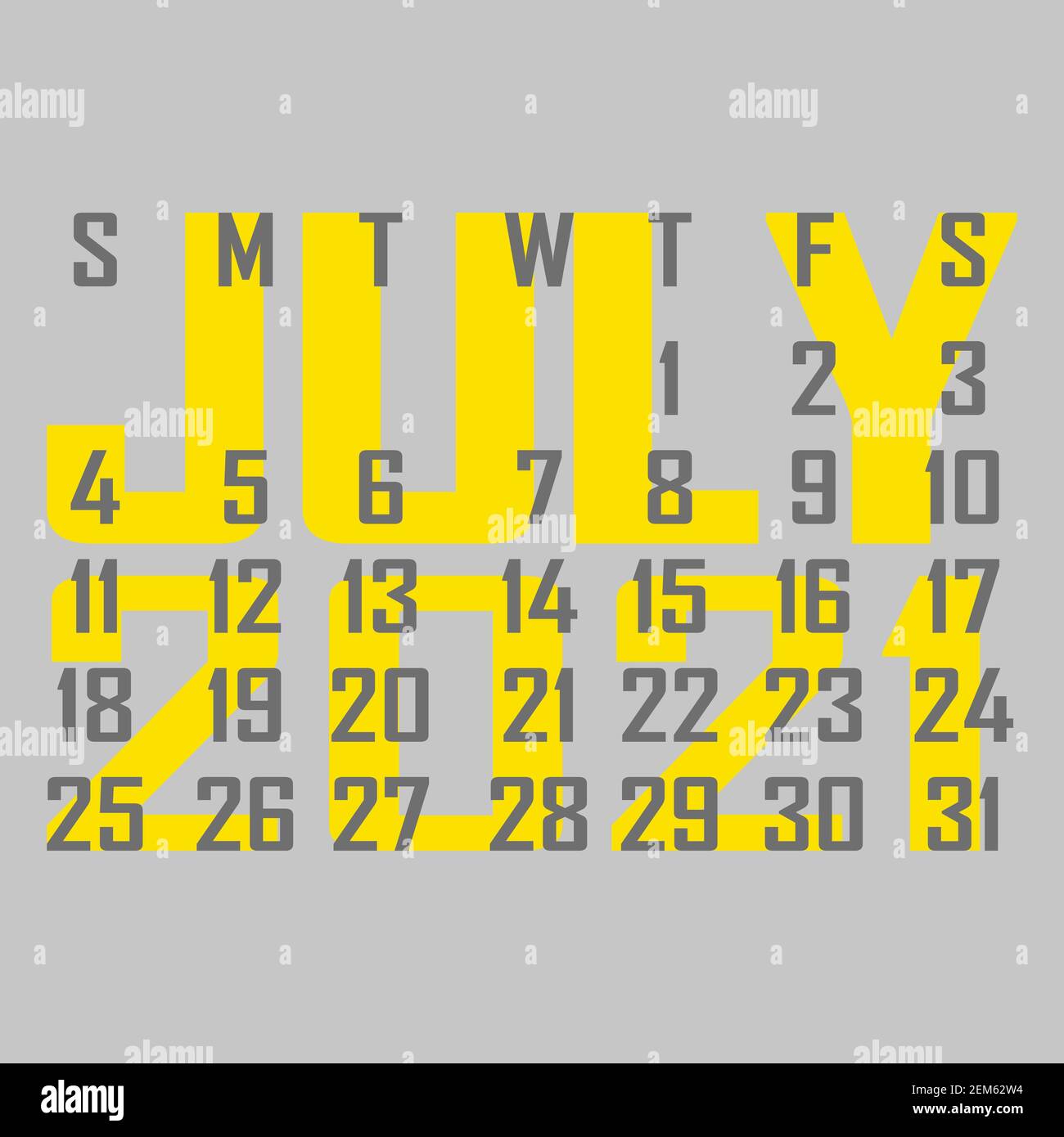 Letter calendar for July 2021. The week begins on Sunday. Time ...