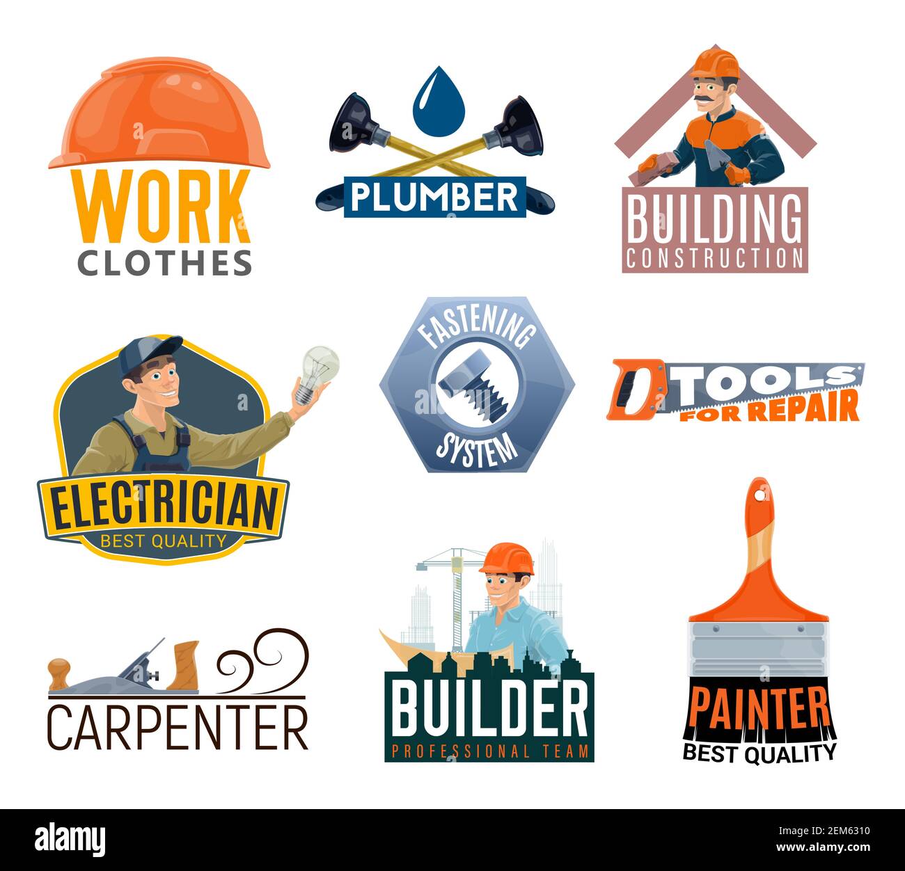 Construction and repair tools vector icons. Electrician, plumber ...