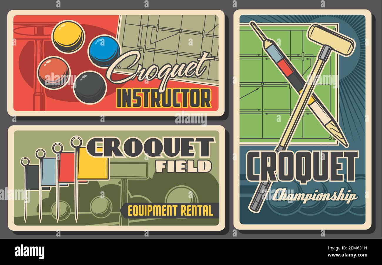 Croquet sport retro posters. Vector mallet, peg and balls items. Sports ...