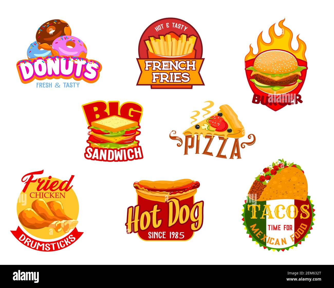Fast food icons of vector burger, pizza and hamburger, sandwich, hot ...