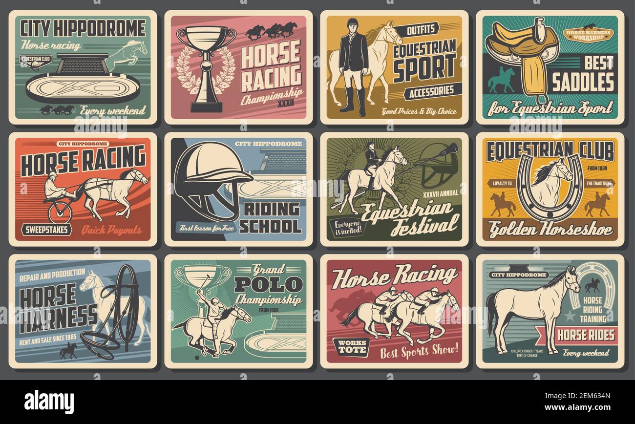 Racehorse and jockey retro posters of horse racing, equestrian sport ...