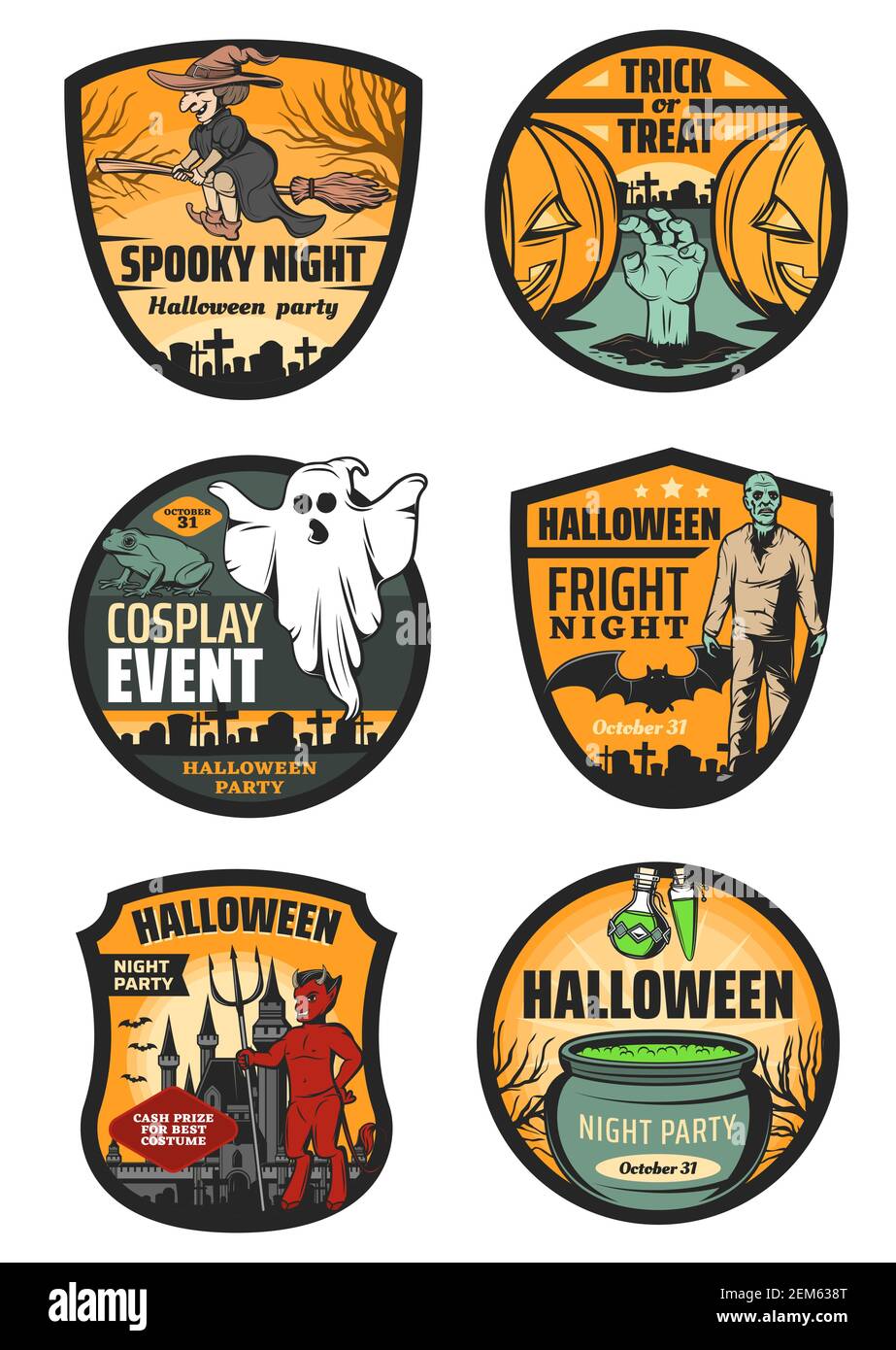 Halloween monster badges of horror night party vector design. Spooky ...