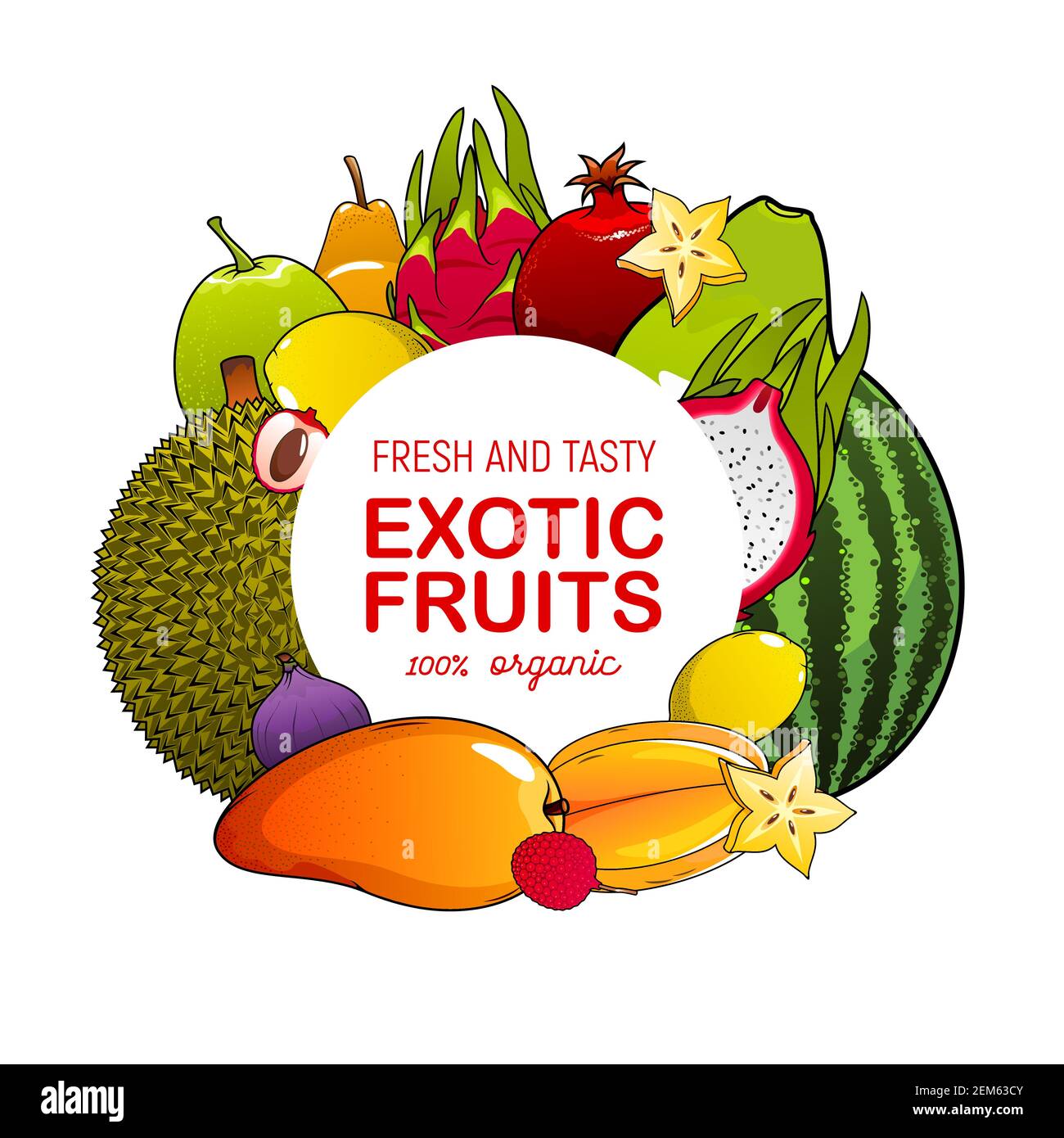 Exotic fruits icon with tropical berries frame. Vector mango, lemon and ...