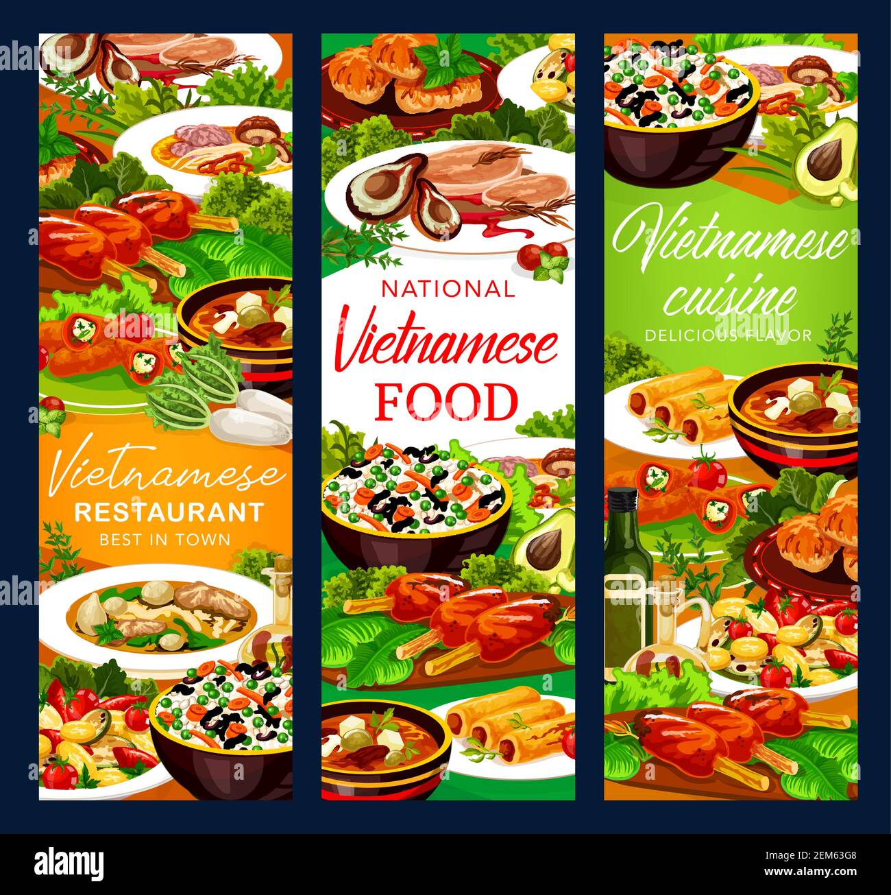 Vietnamese meat and fish dishes with Asian rice and vegetables vector ...